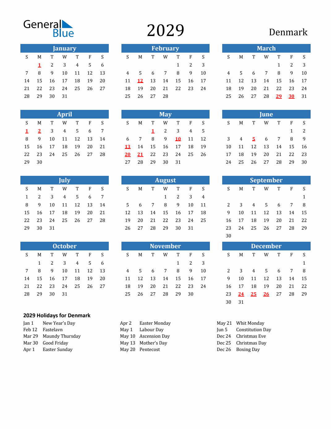 2029 Denmark Calendar with Holidays