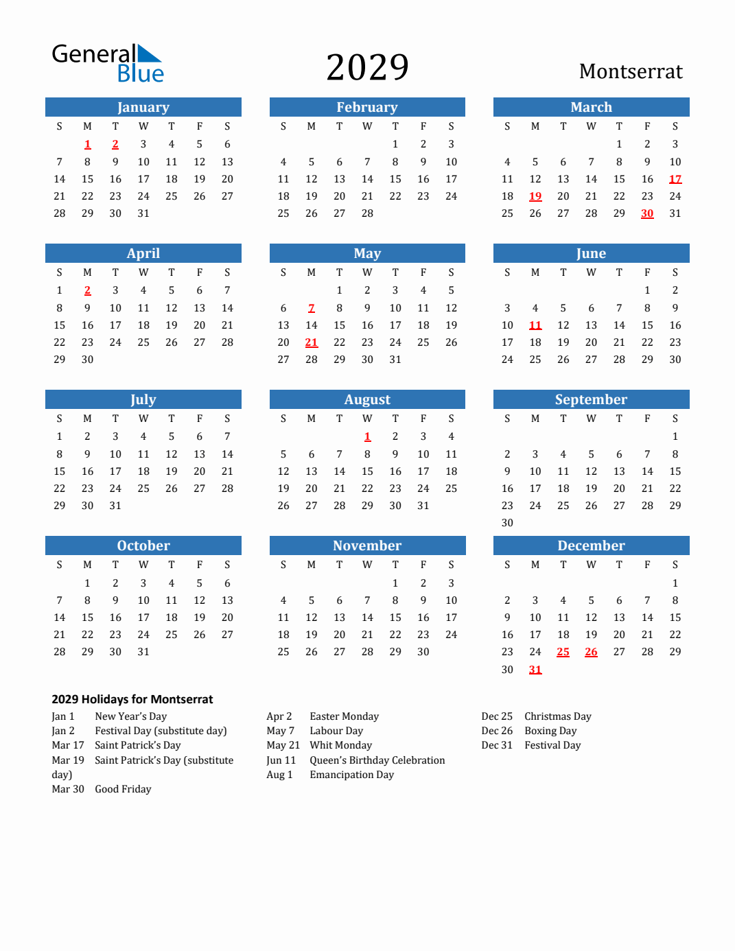 2029 Montserrat Calendar with Holidays (Monday Start)