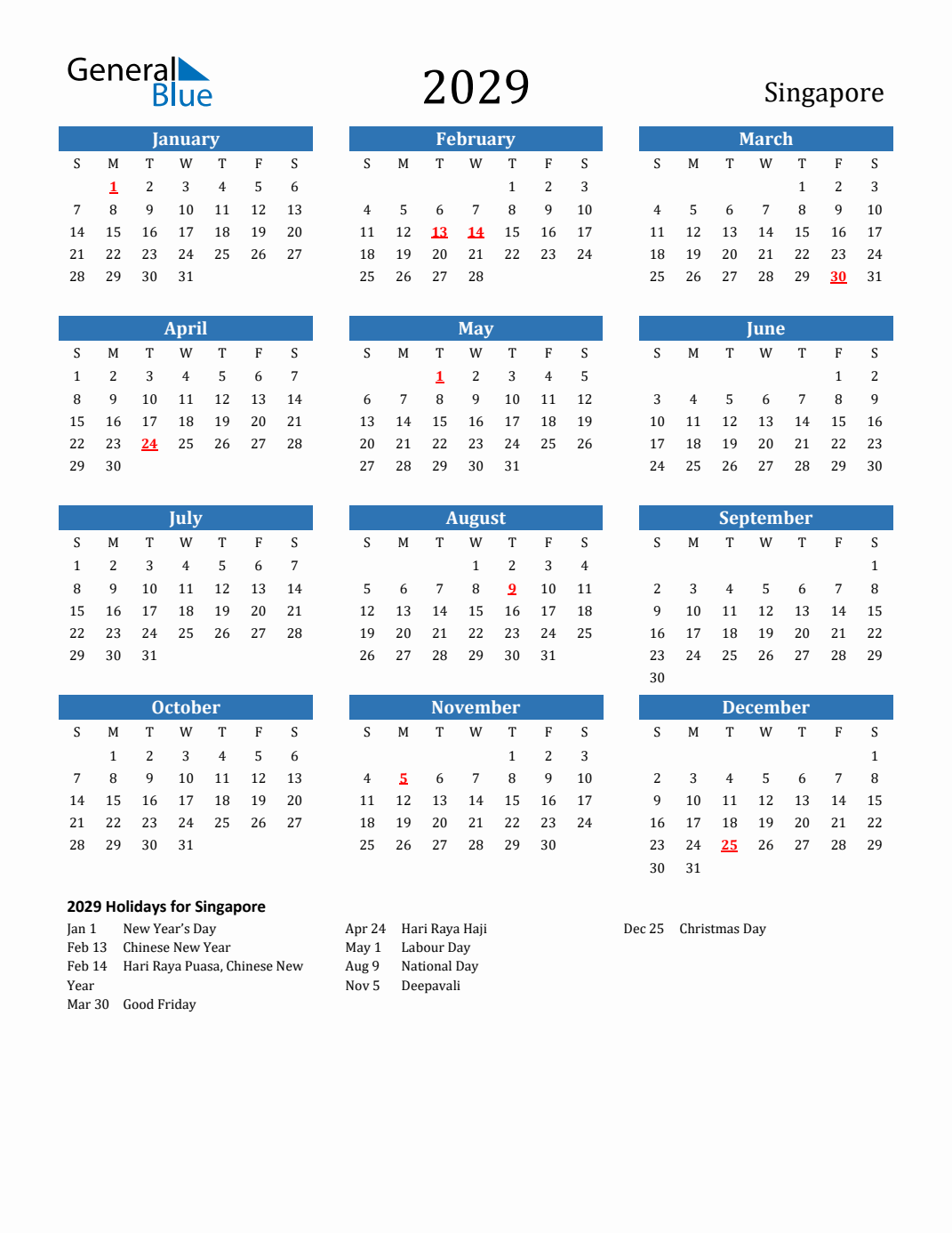 2029 Singapore Calendar with Holidays