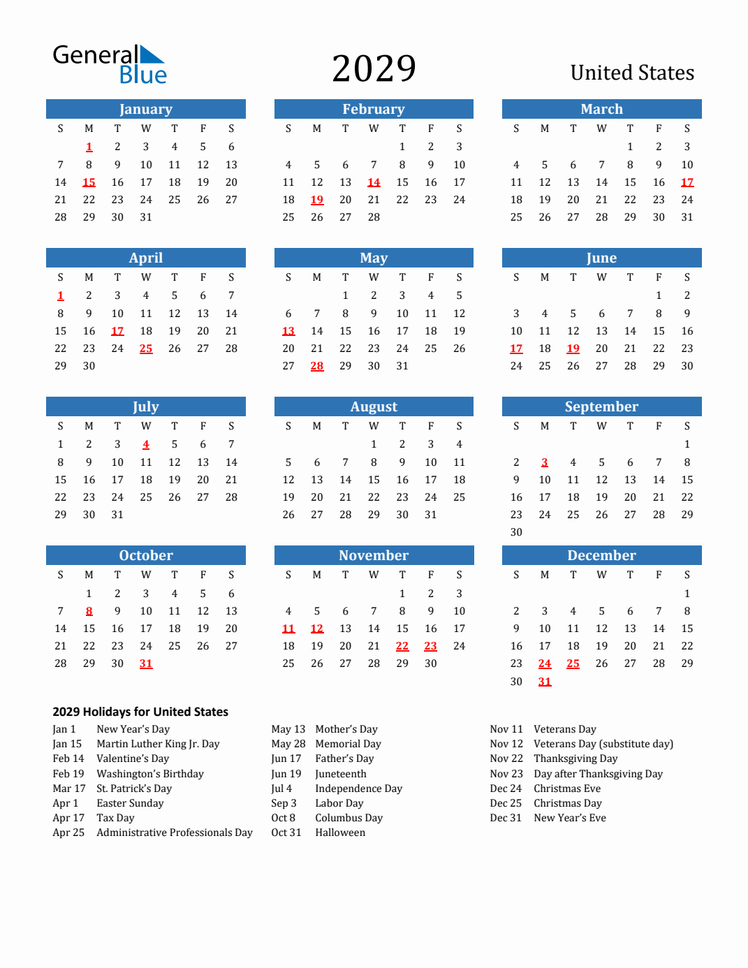 2029 United States Calendar with Holidays