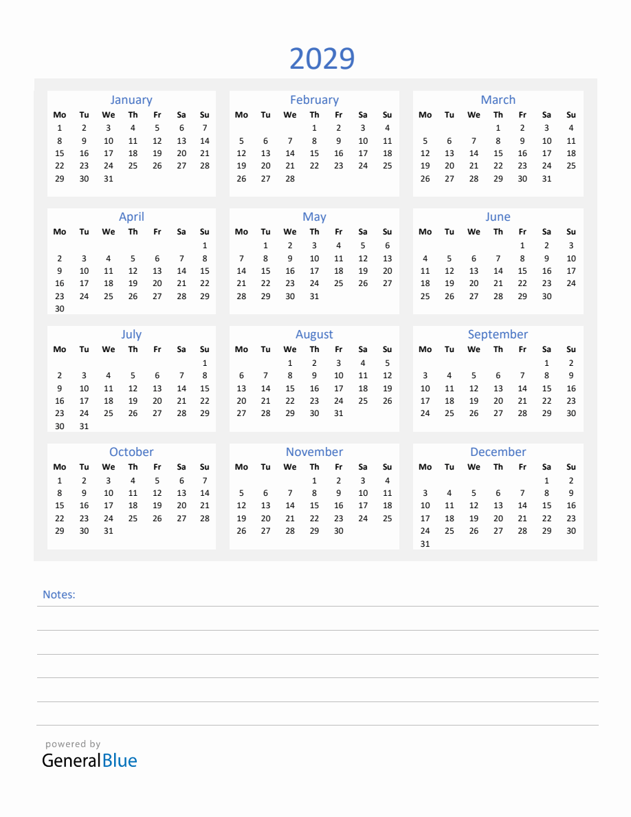 2029 Yearly Calendar with Notes with Monday Start