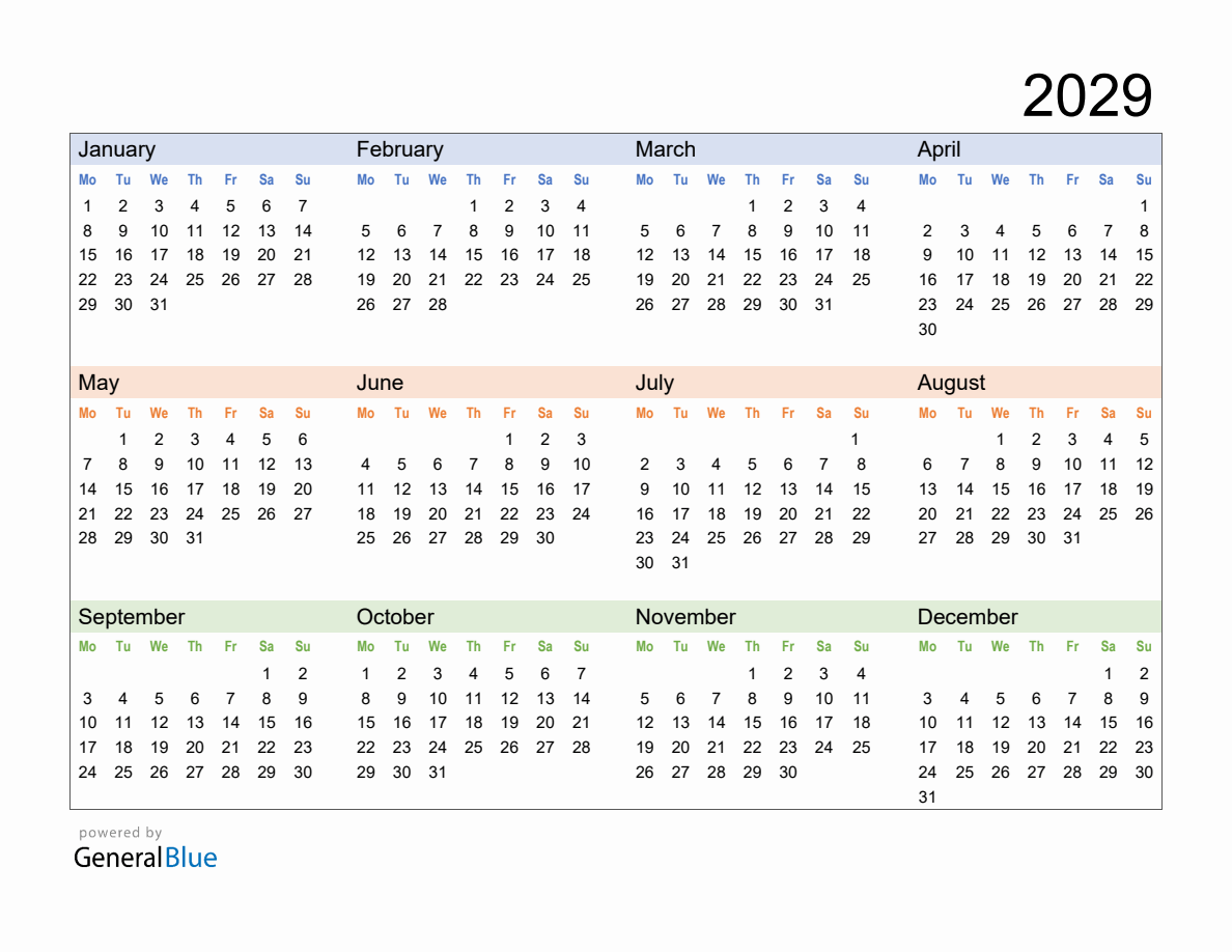Free Downloadable 2029 Yearly Calendar Template with Monday Start