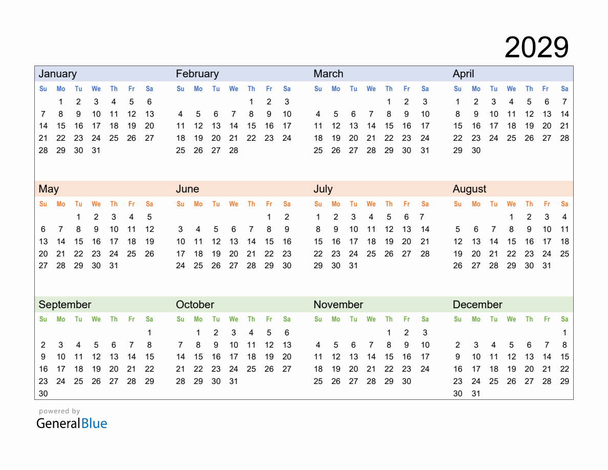 Free Downloadable 2029 Yearly Calendar Template