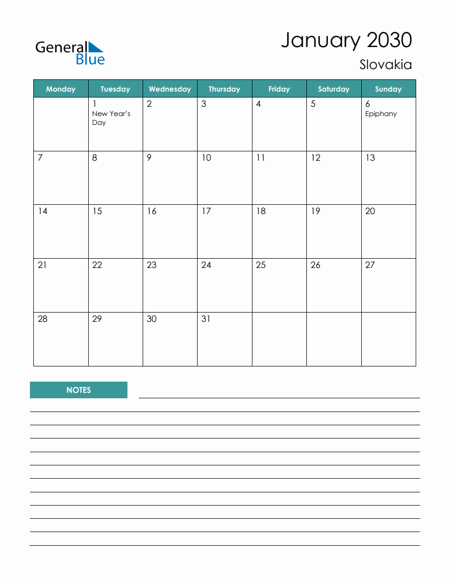 Monthly Planner with Slovakia Holidays - January 2030 (Monday Start)