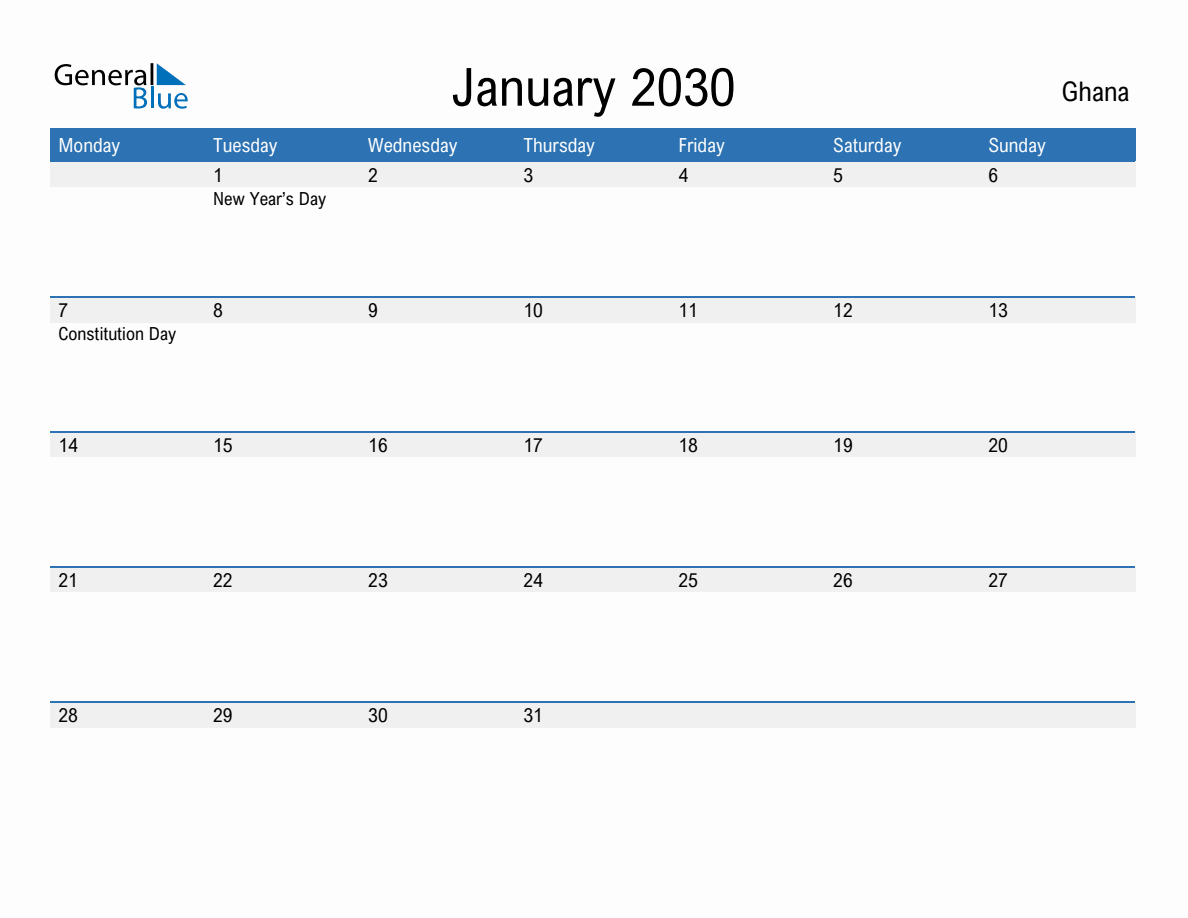 Editable January 2030 Calendar with Ghana Holidays (Monday Start)