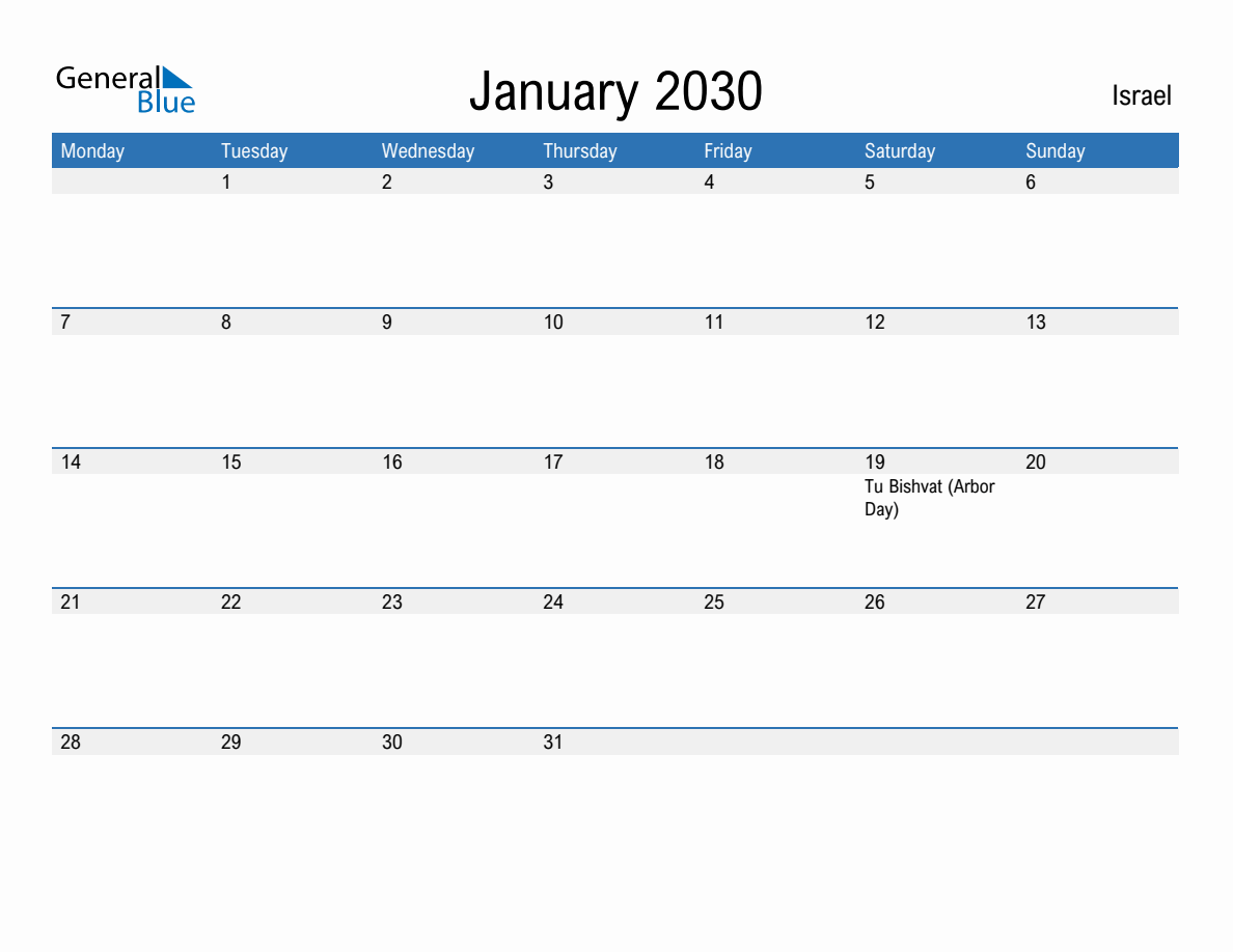 Editable January 2030 Calendar with Israel Holidays (Monday Start)