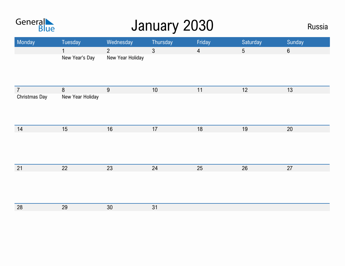 Editable January 2030 Calendar with Russia Holidays