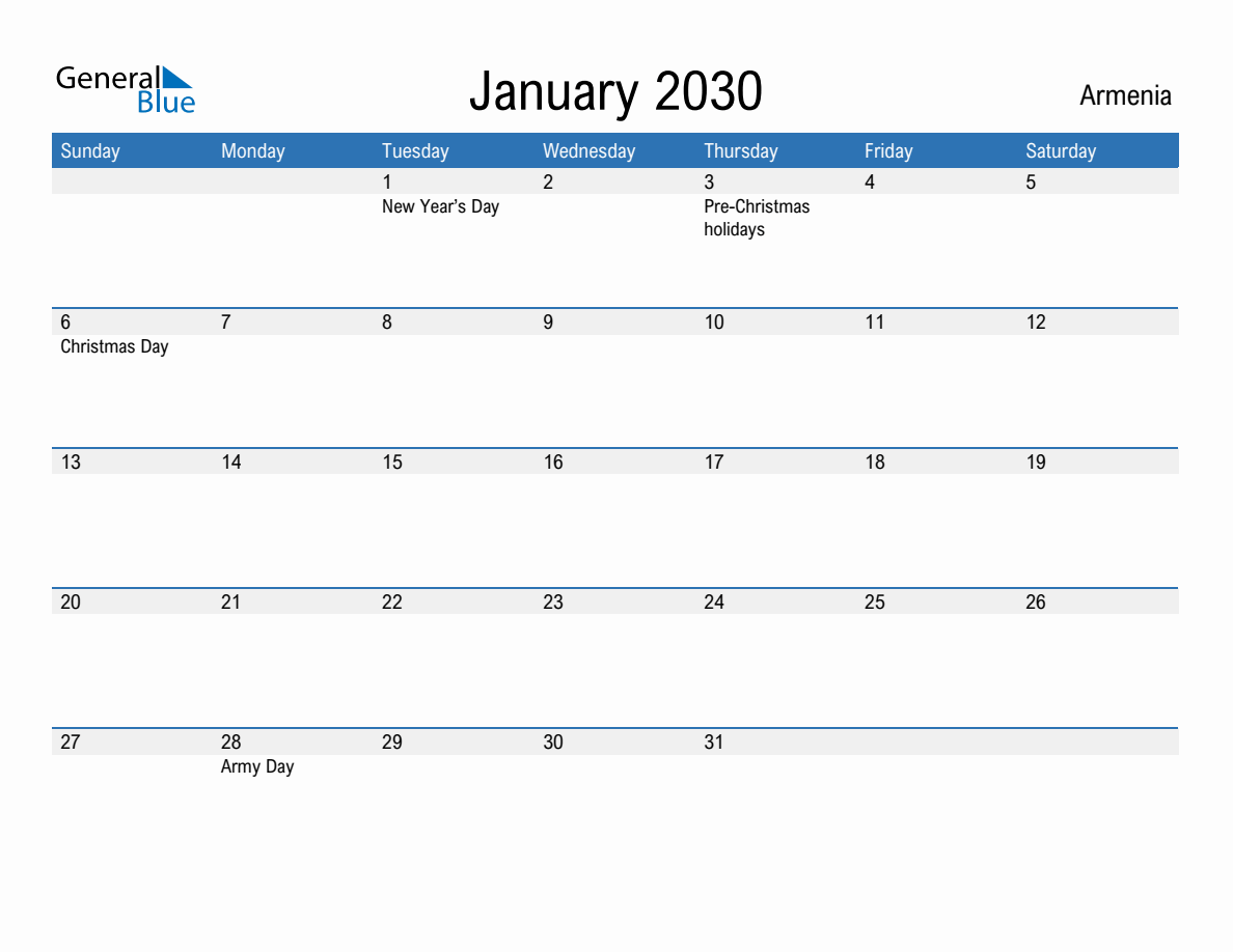 Editable January 2030 Calendar with Armenia Holidays