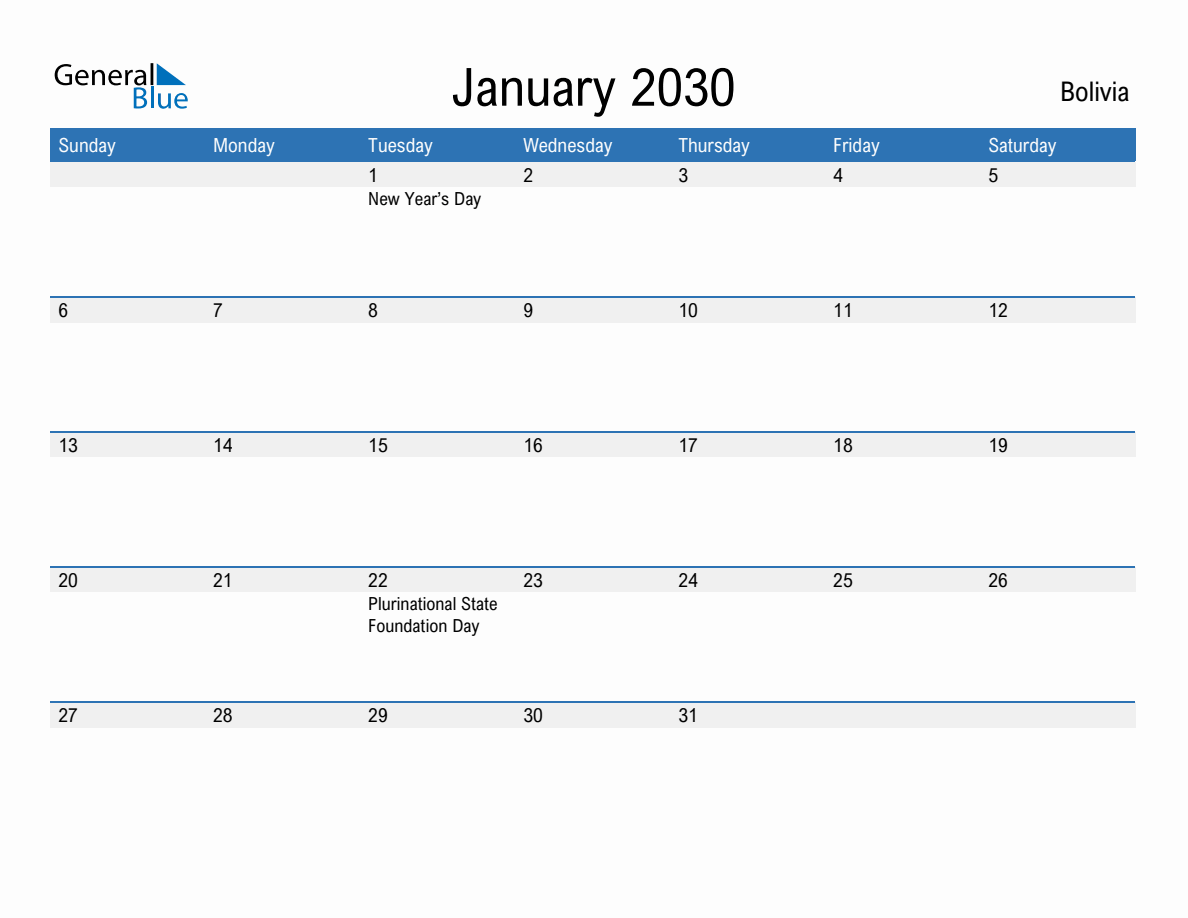 January 2030 Monthly Calendars with Bolivia Holidays