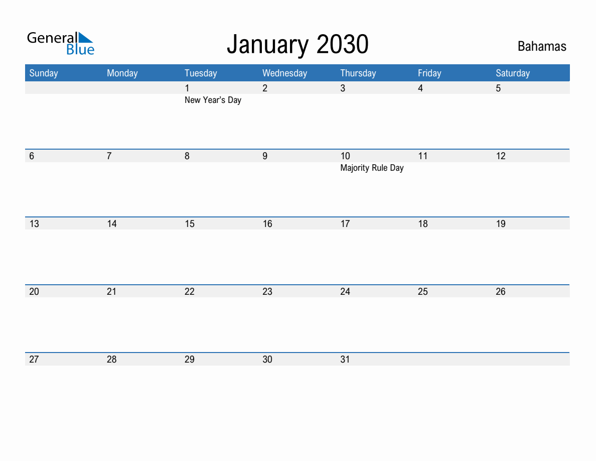 January 2030 Monthly Calendar with Bahamas Holidays