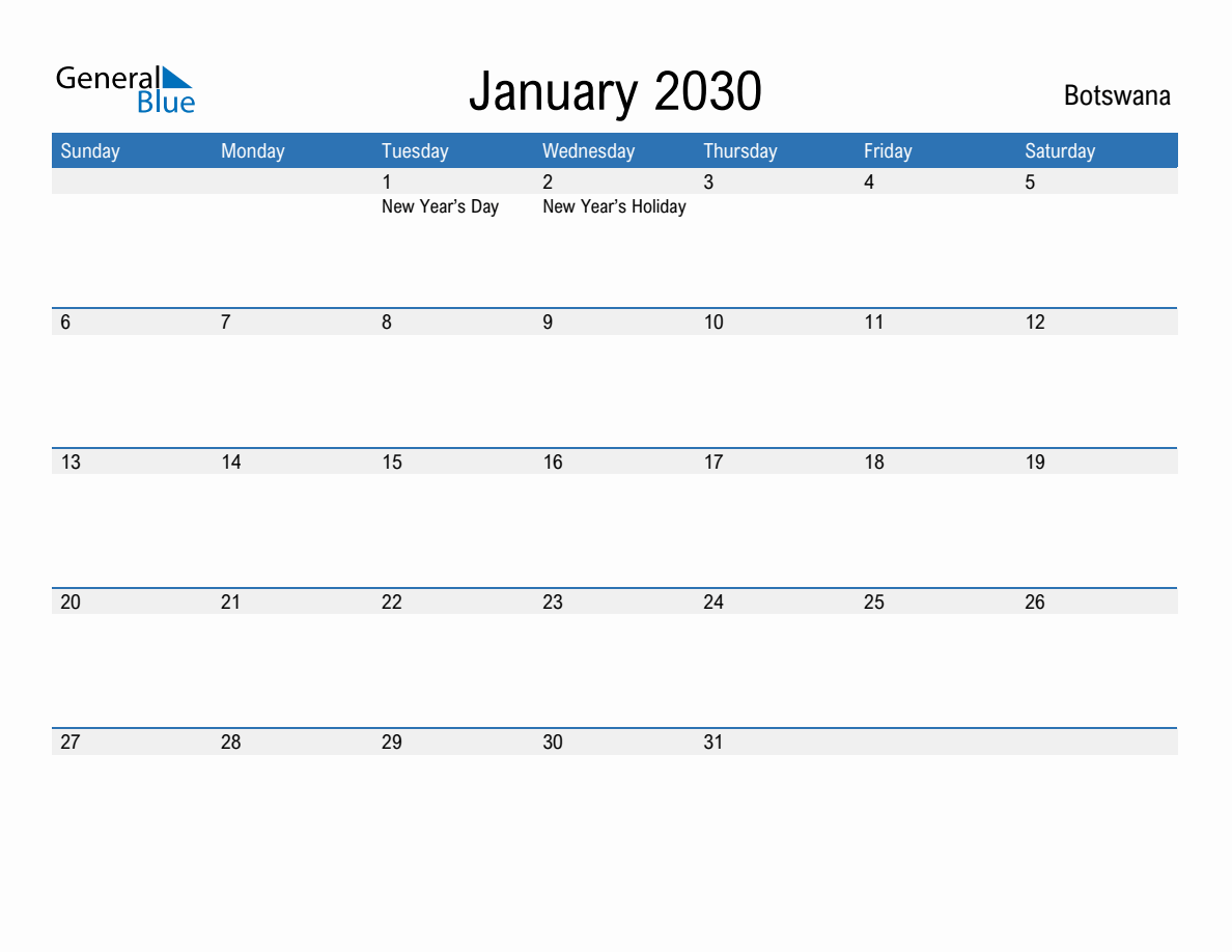January 2030 Monthly Calendars with Botswana Holidays