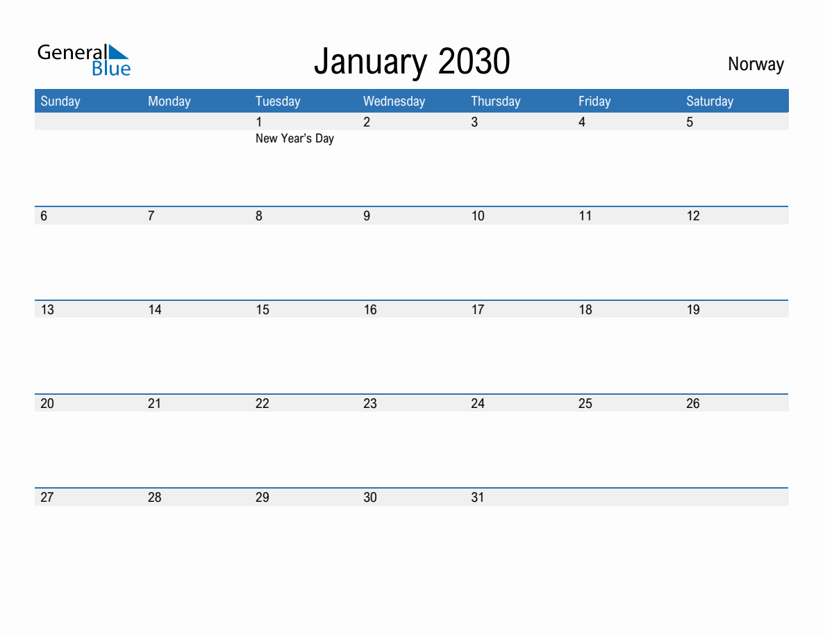 Editable January 2030 Calendar with Norway Holidays