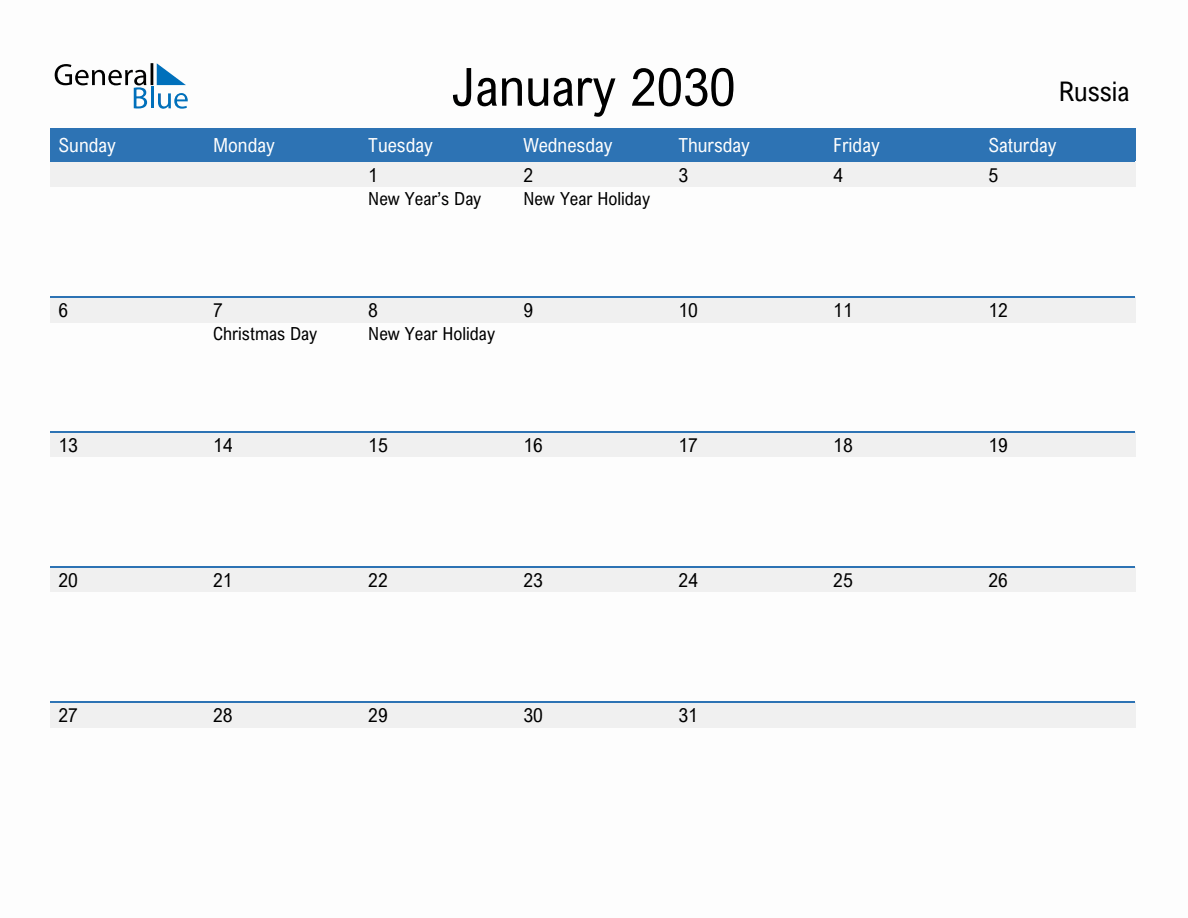 Editable January 2030 Calendar with Russia Holidays