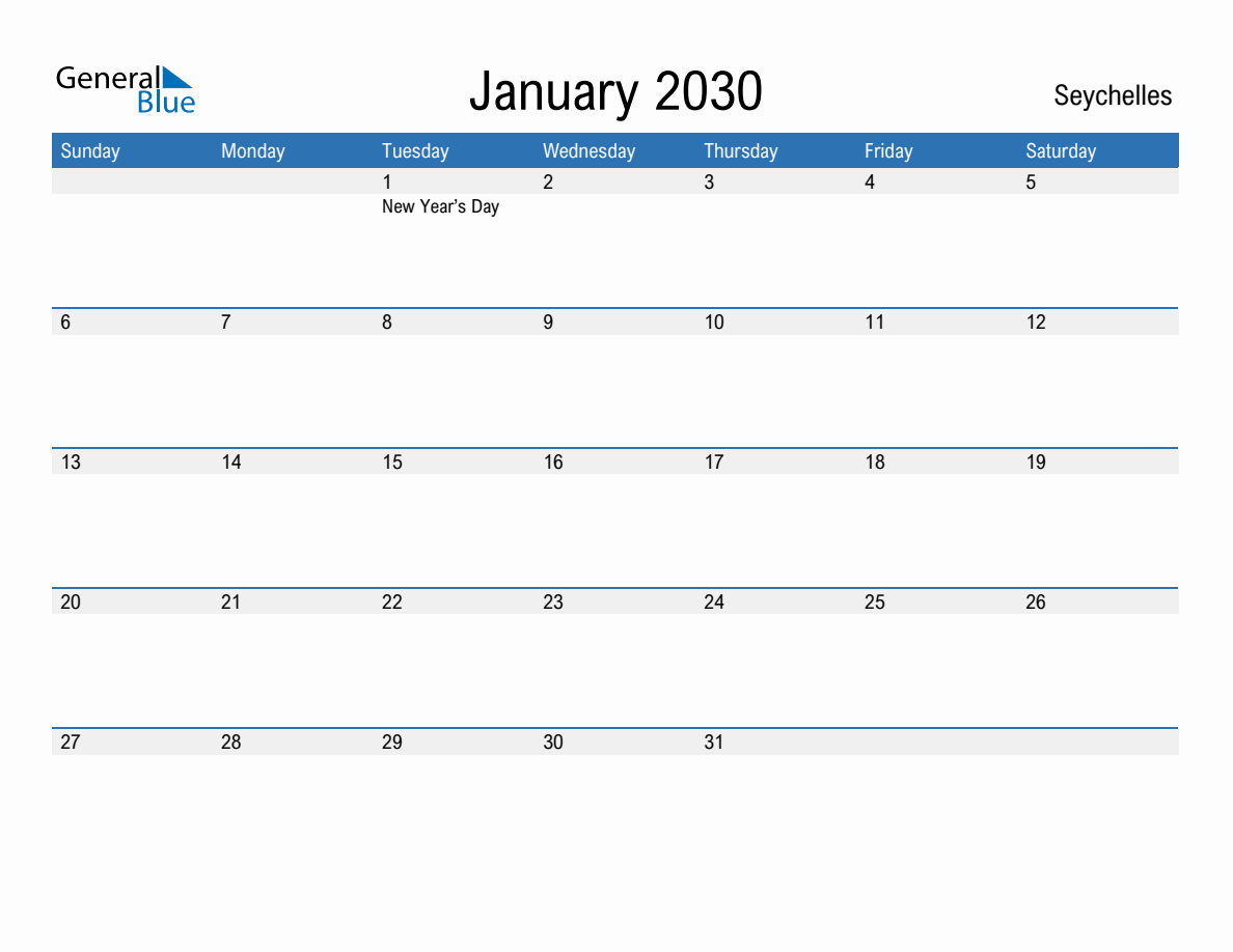 Editable January 2030 Calendar with Seychelles Holidays