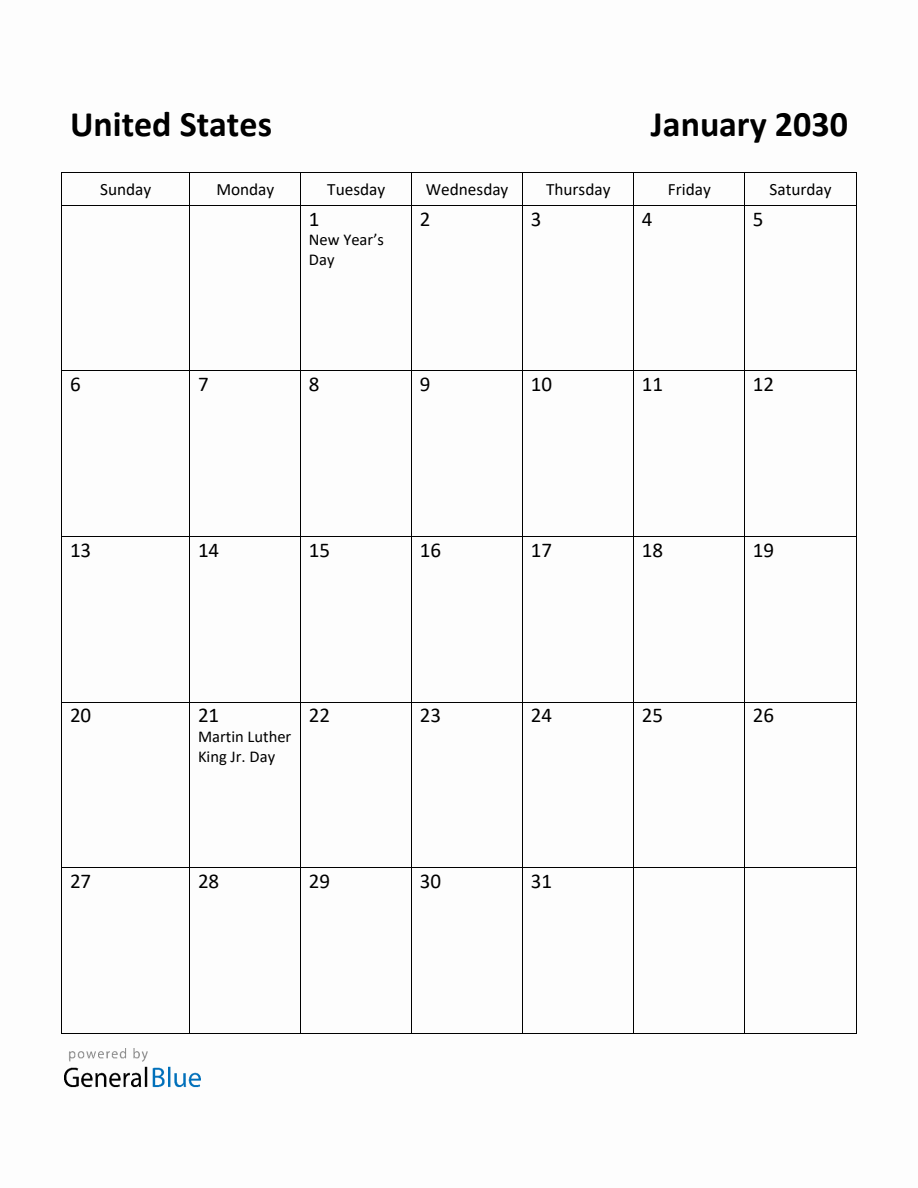 Free Printable January 2030 Calendar for United States