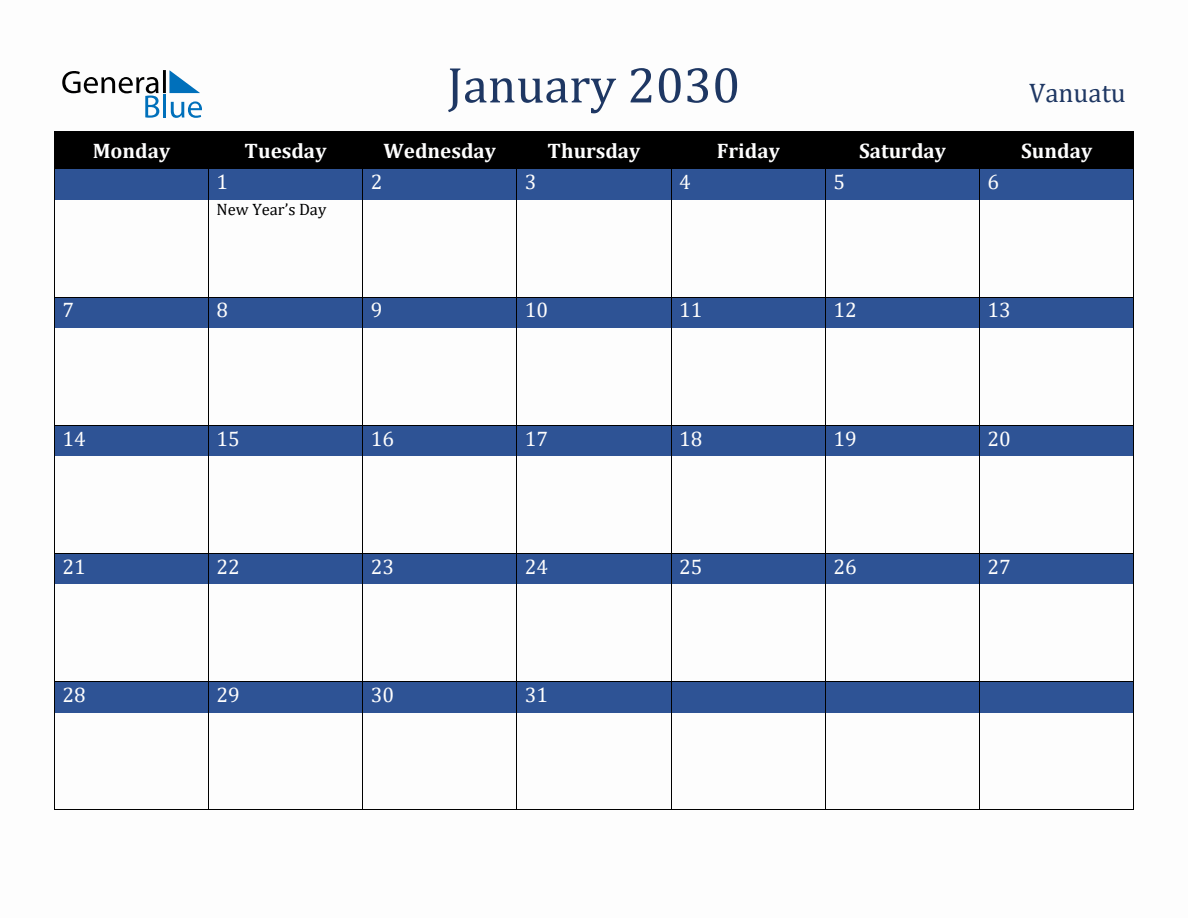 January 2030 Vanuatu Holiday Calendar (Monday Start)