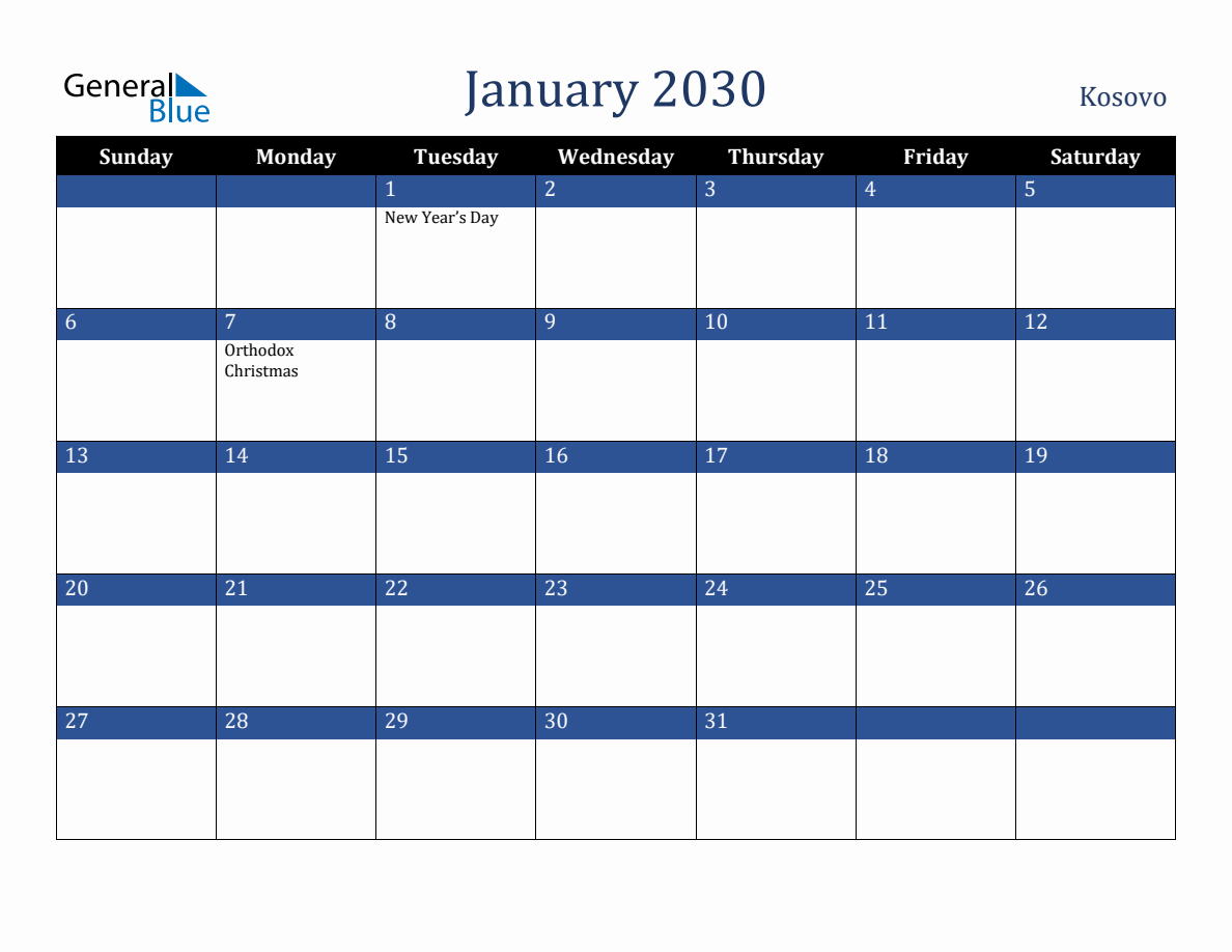January 2030 Kosovo Holiday Calendar
