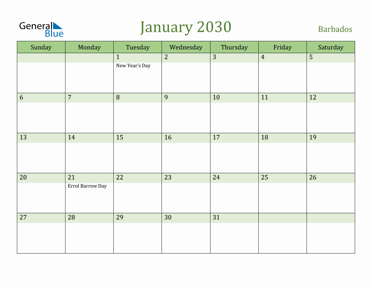 Fillable Holiday Calendar for Barbados - January 2030