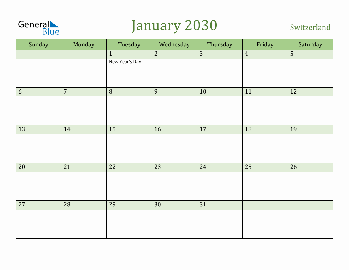 Fillable Holiday Calendar for Switzerland - January 2030