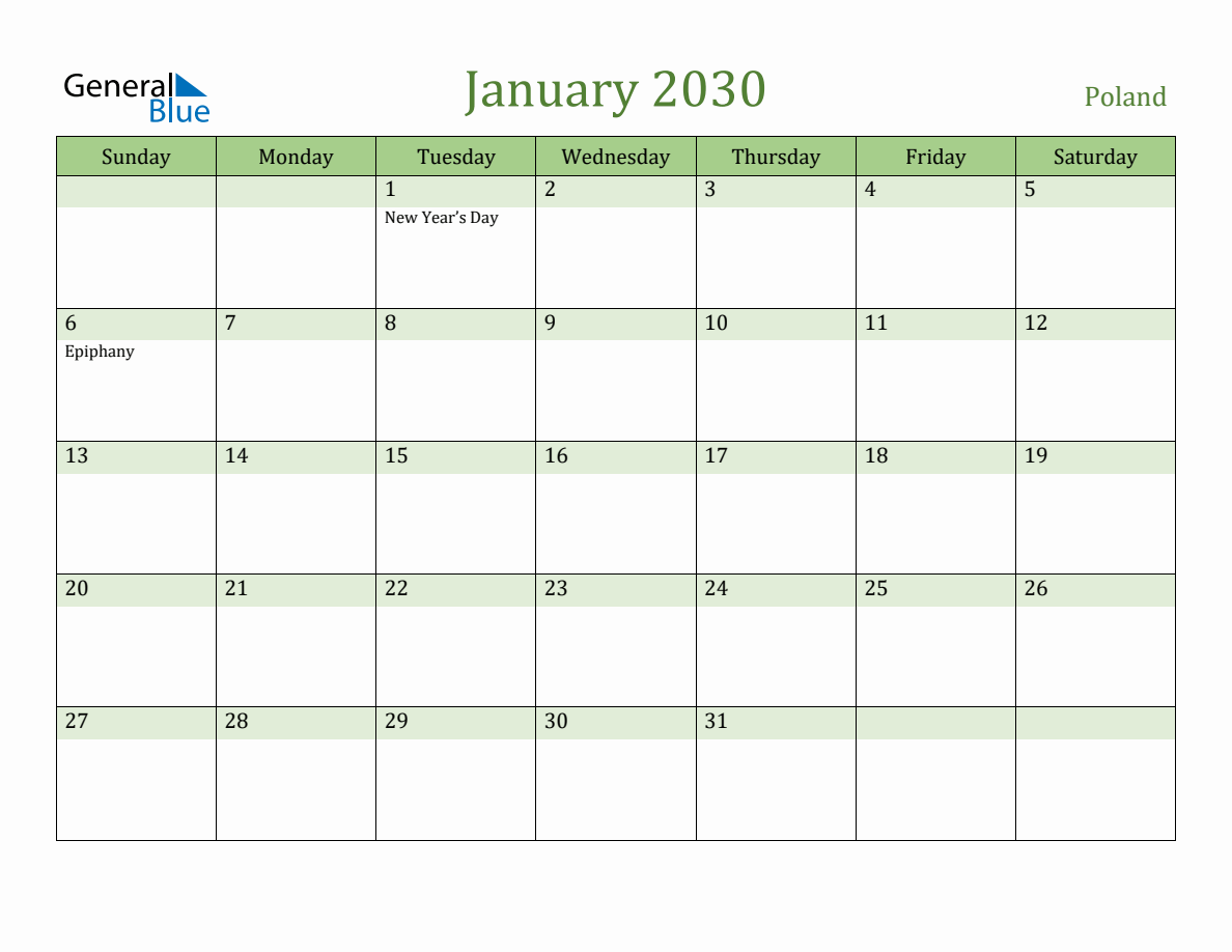 Fillable Holiday Calendar for Poland - January 2030