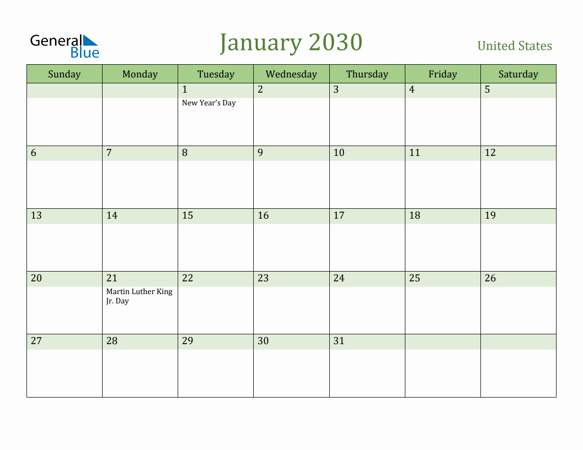 Fillable Holiday Calendar for United States - January 2030