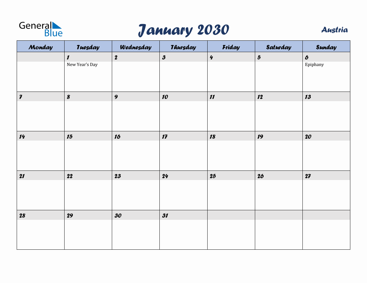 January 2030 Monthly Calendar Template with Holidays for Austria