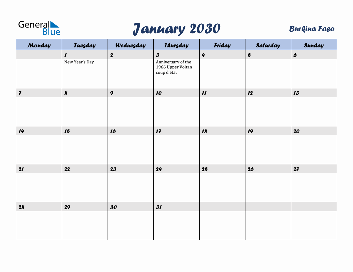 January 2030 Monthly Calendar Template with Holidays for Burkina Faso ...