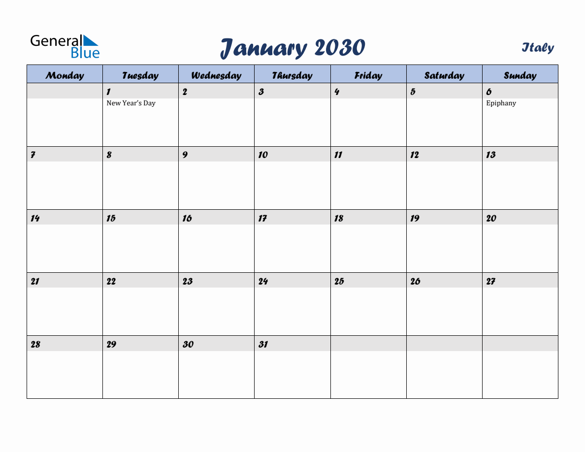 January 2030 Monthly Calendar Template with Holidays for Italy (Monday ...