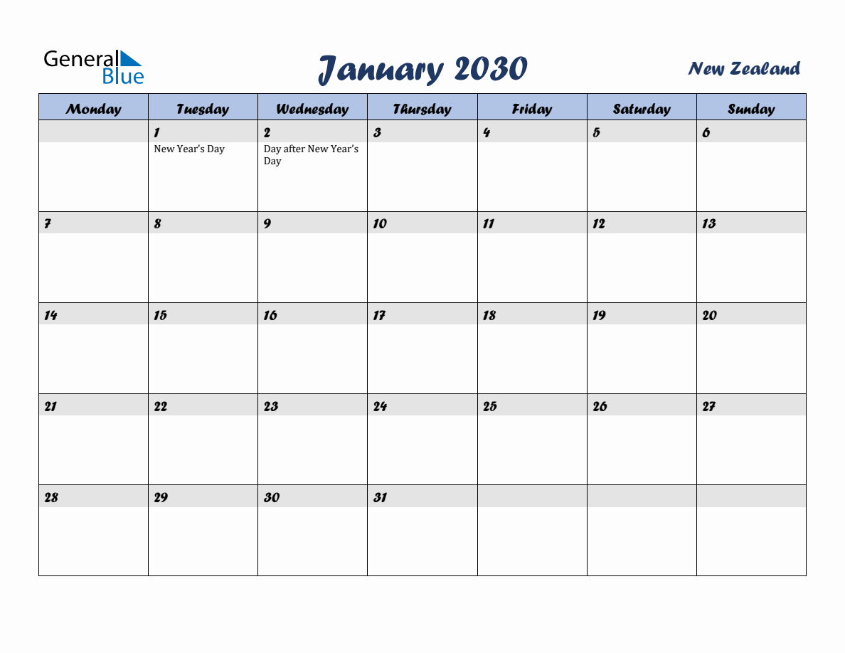January 2030 Monthly Calendar Template with Holidays for New Zealand
