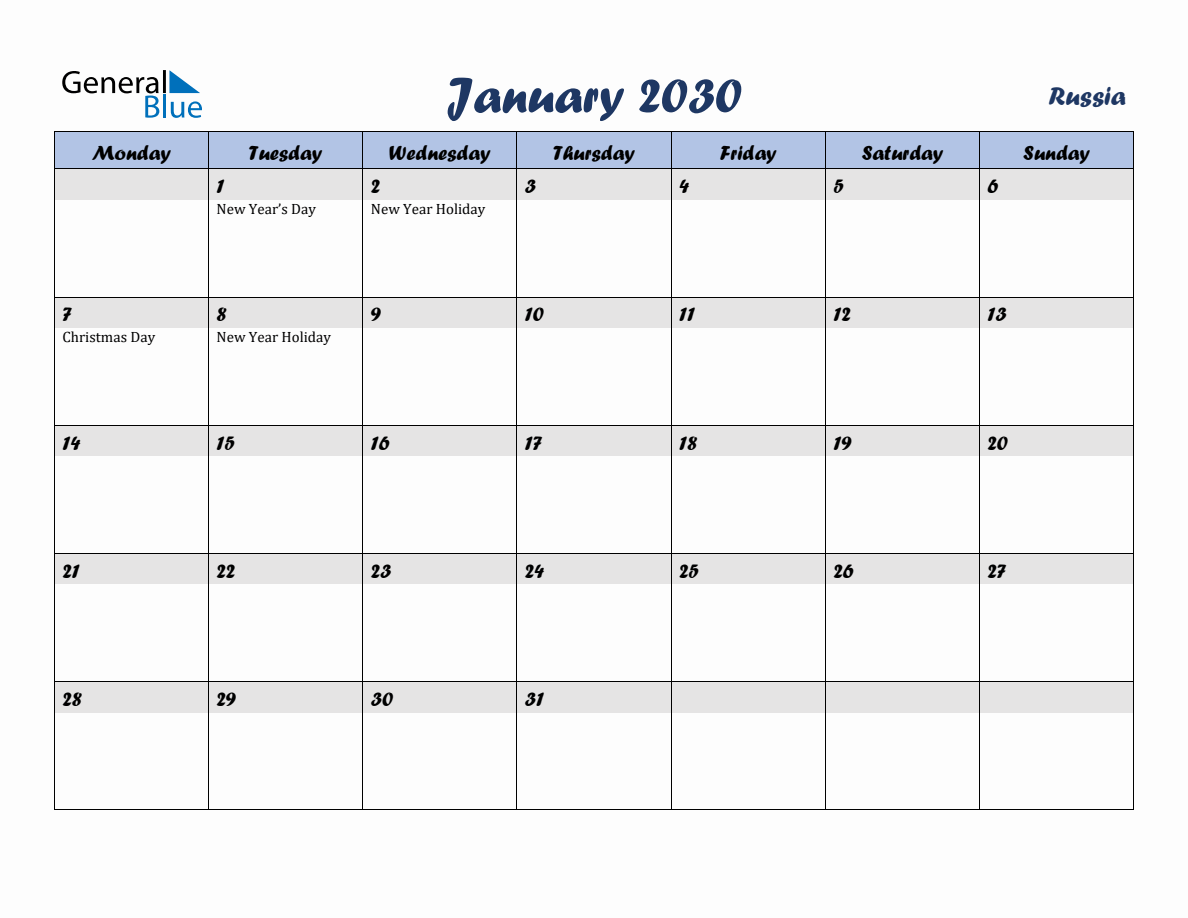 January 2030 Monthly Calendar Template with Holidays for Russia