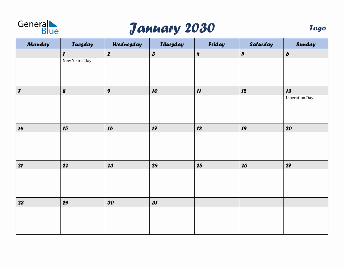 January 2030 Monthly Calendar Template with Holidays for Togo