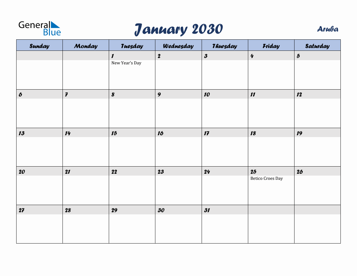 January 2030 Monthly Calendar Template with Holidays for Aruba