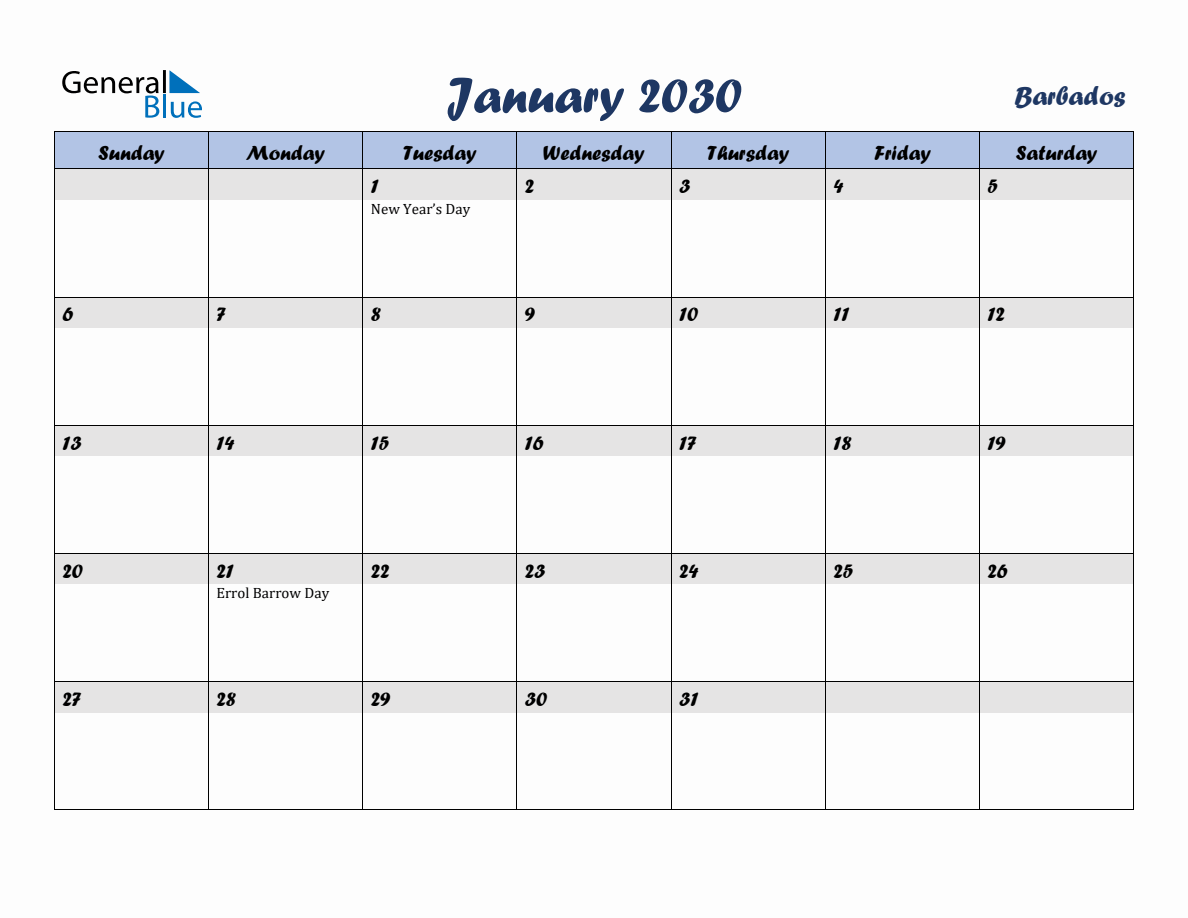 January 2030 Monthly Calendar Template with Holidays for Barbados