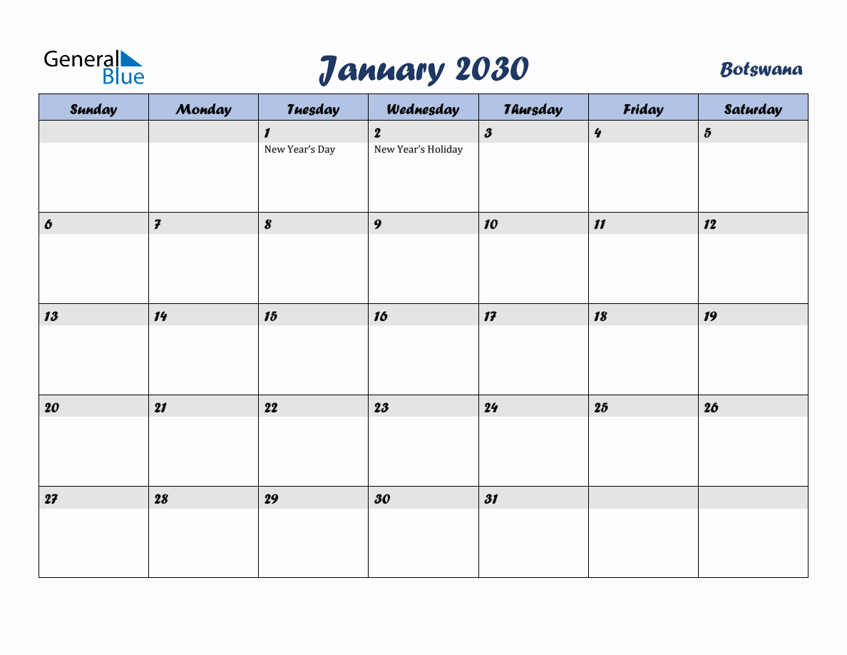 January 2030 Monthly Calendar Template with Holidays for Botswana