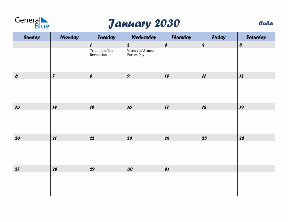 January 2030 Monthly Calendar Template with Holidays for Cuba