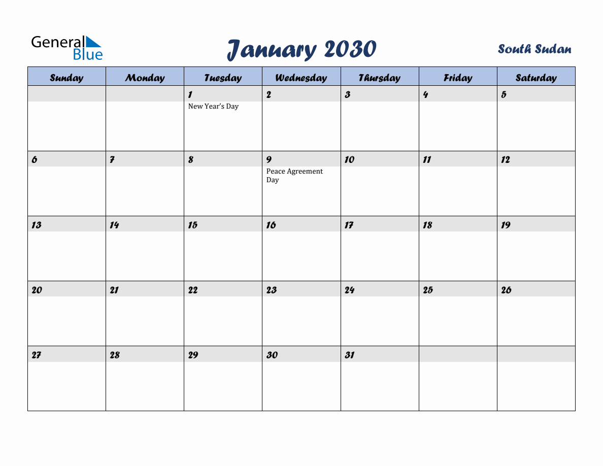 January 2030 Monthly Calendar Template with Holidays for South Sudan