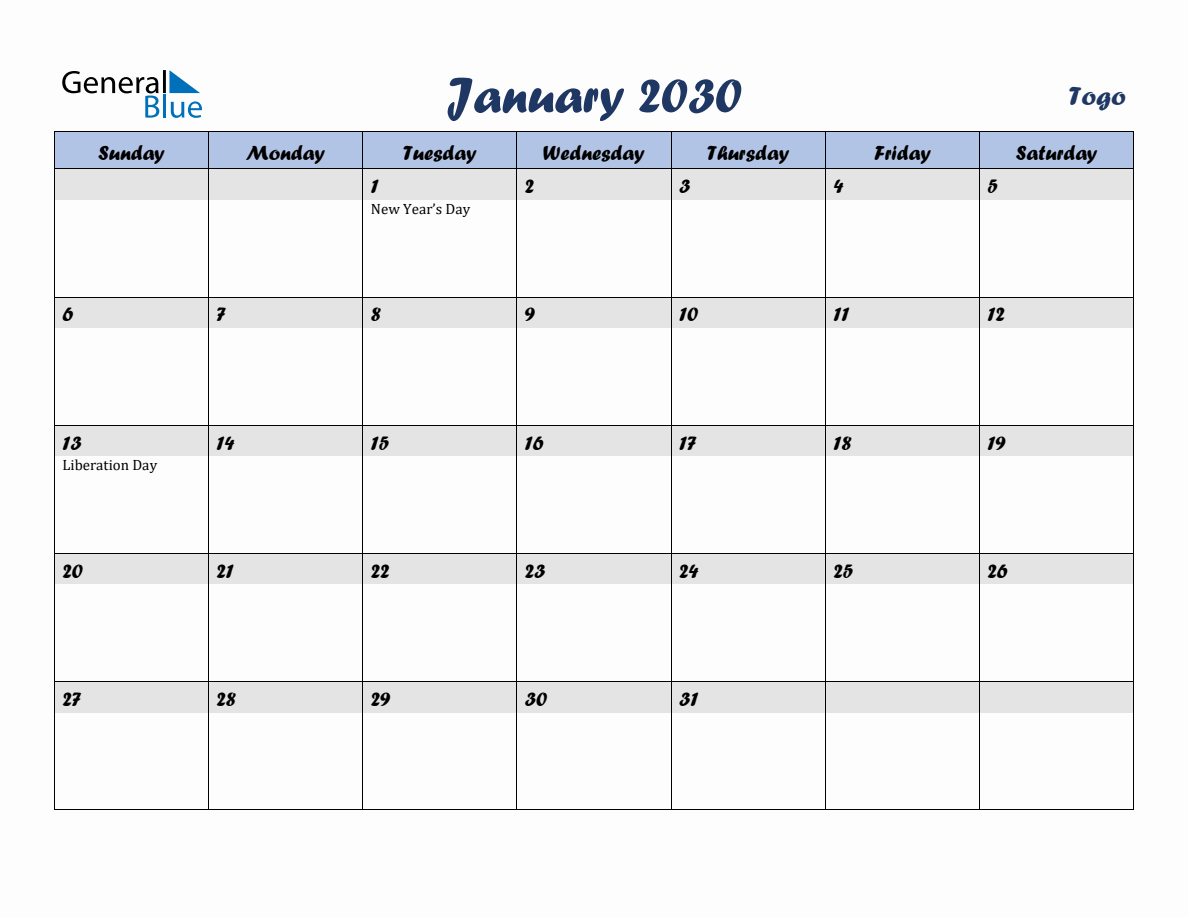 January 2030 Monthly Calendar Template with Holidays for Togo