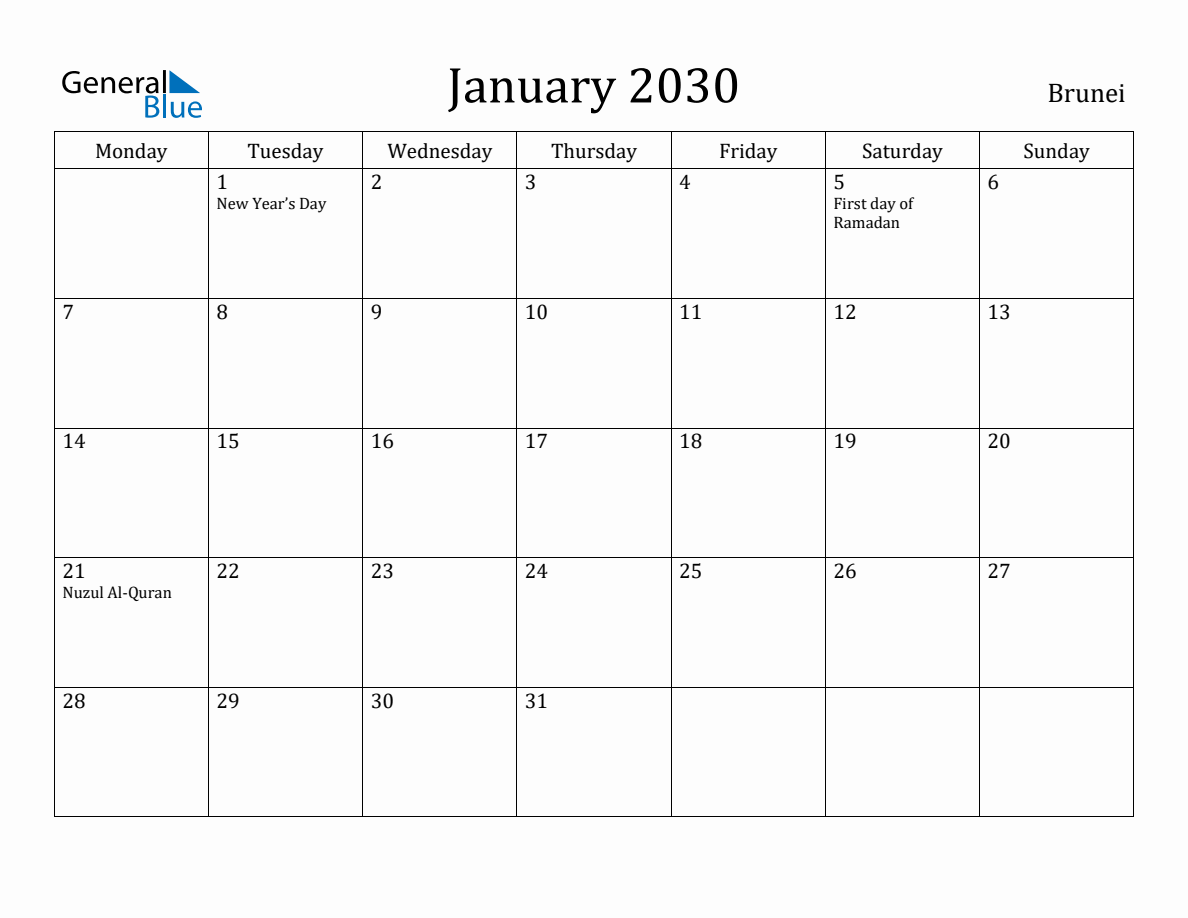 Brunei Monthly Calendar - January 2030 (Monday Start)
