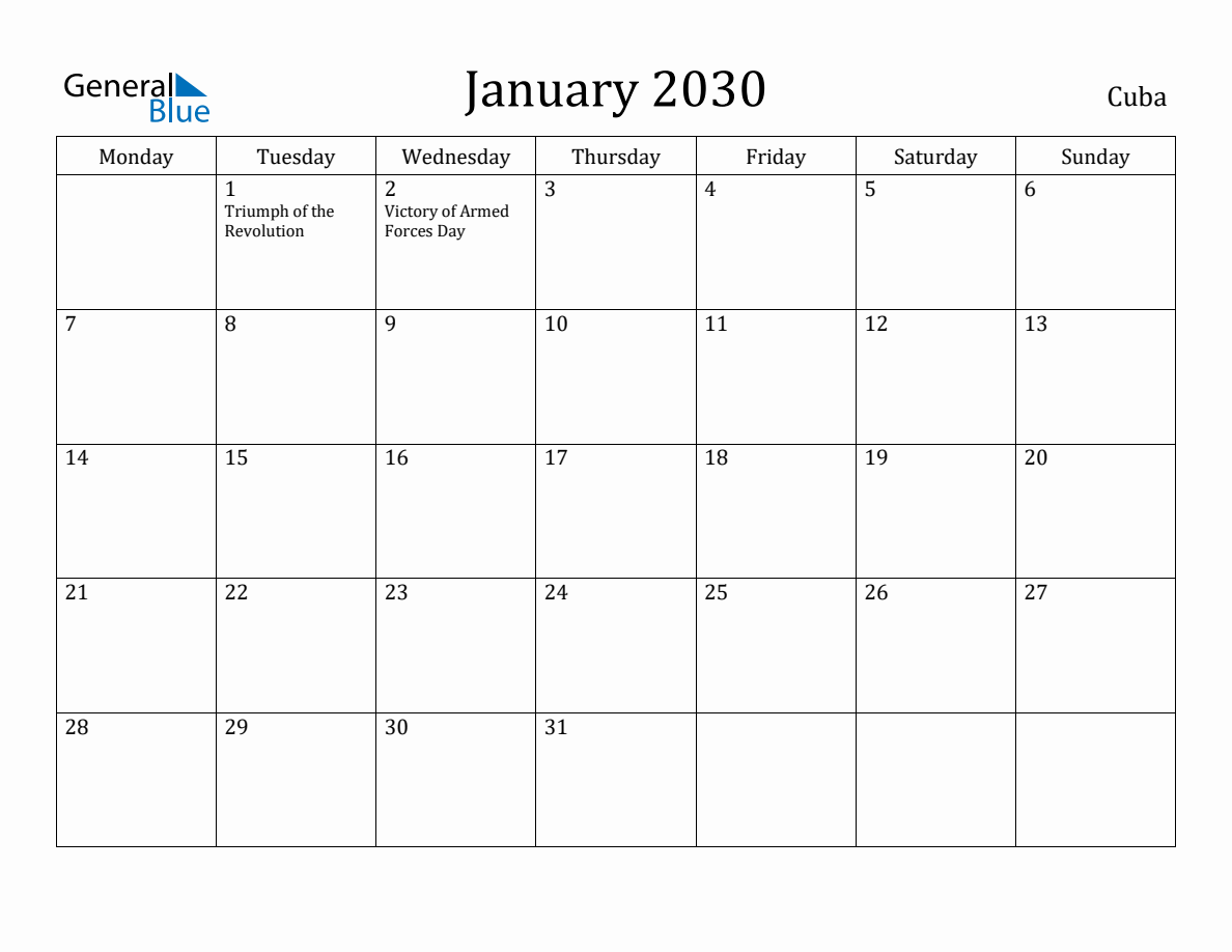 Cuba Monthly Calendar - January 2030 (Monday Start)