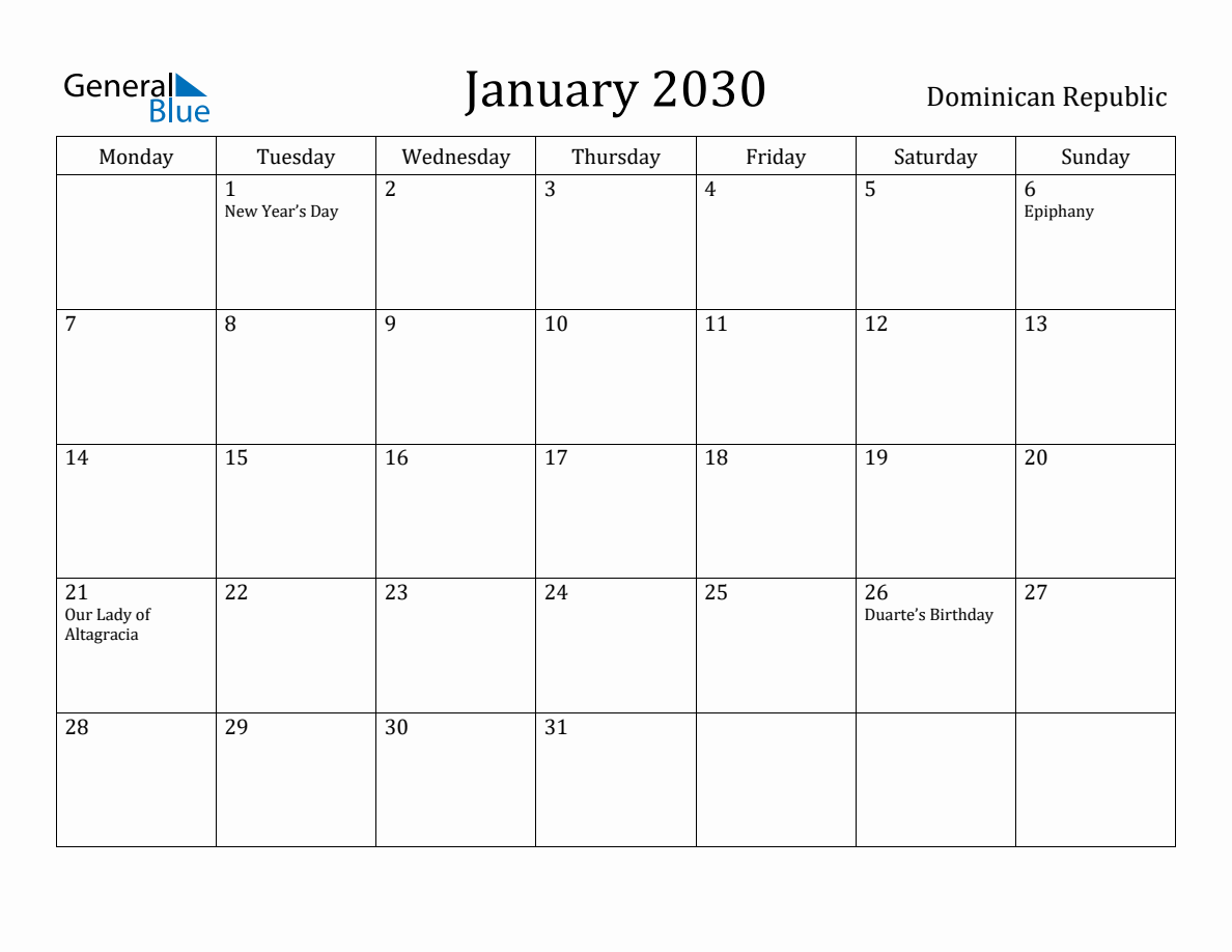 Dominican Republic Monthly Calendar - January 2030 (Monday Start)