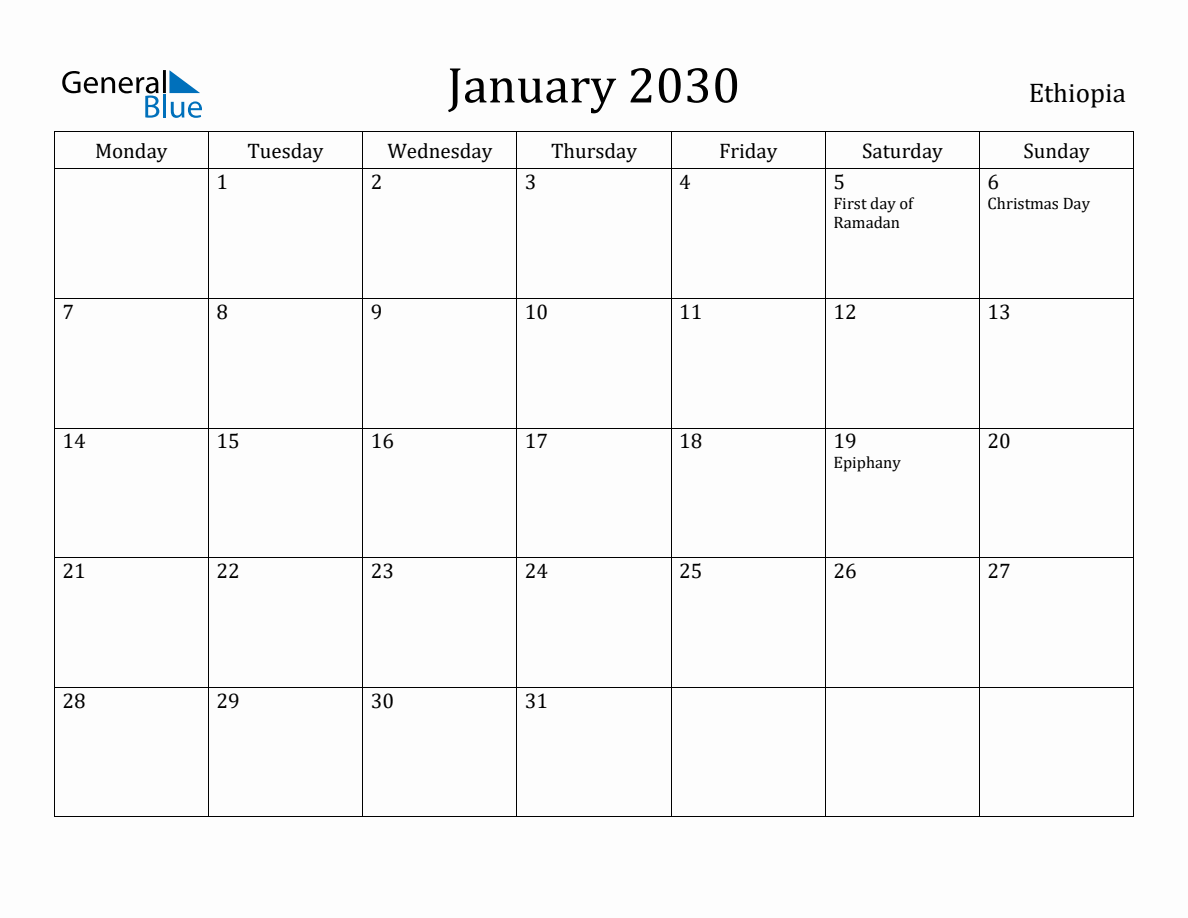 January 2030 Monthly Calendar with Ethiopia Holidays (Monday Start)