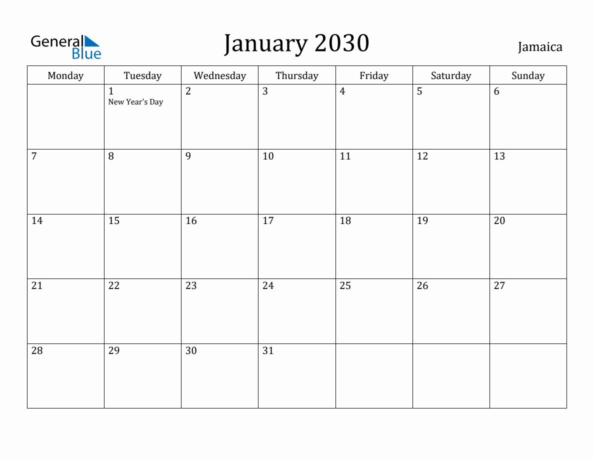 January 2030 Monthly Calendar with Jamaica Holidays (Monday Start)