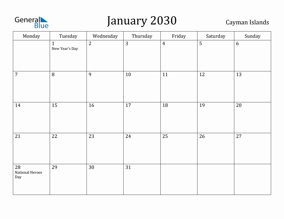 January 2030 Monthly Calendar with Cayman Islands Holidays (Monday Start)