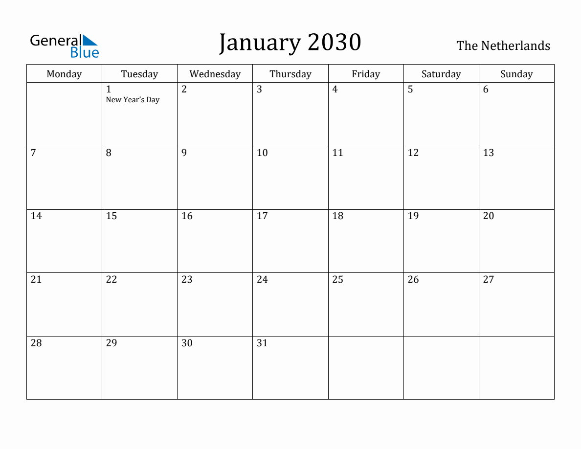 January 2030 Monthly Calendar with The Netherlands Holidays (Monday Start)