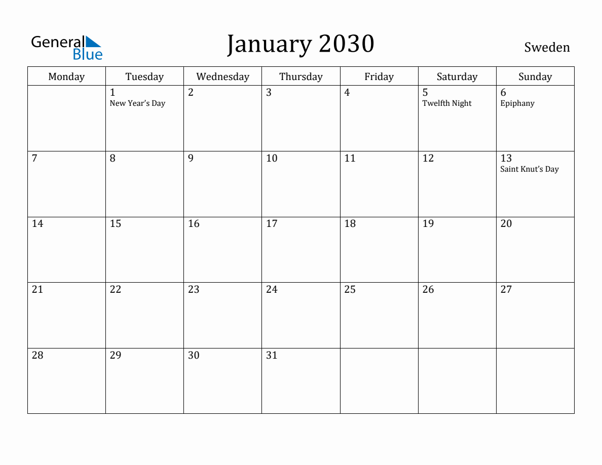 January 2030 Monthly Calendar with Sweden Holidays (Monday Start)
