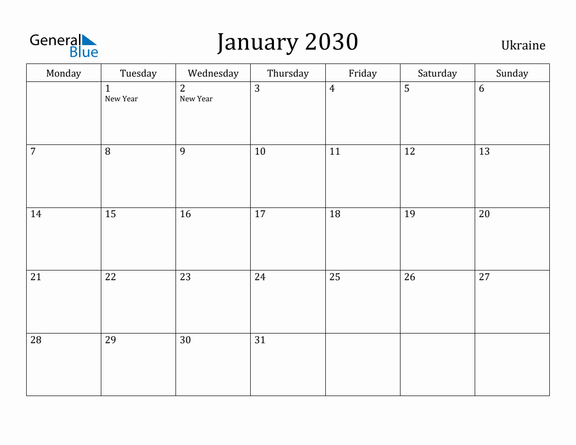 January 2030 - Ukraine Monthly Calendar with Holidays