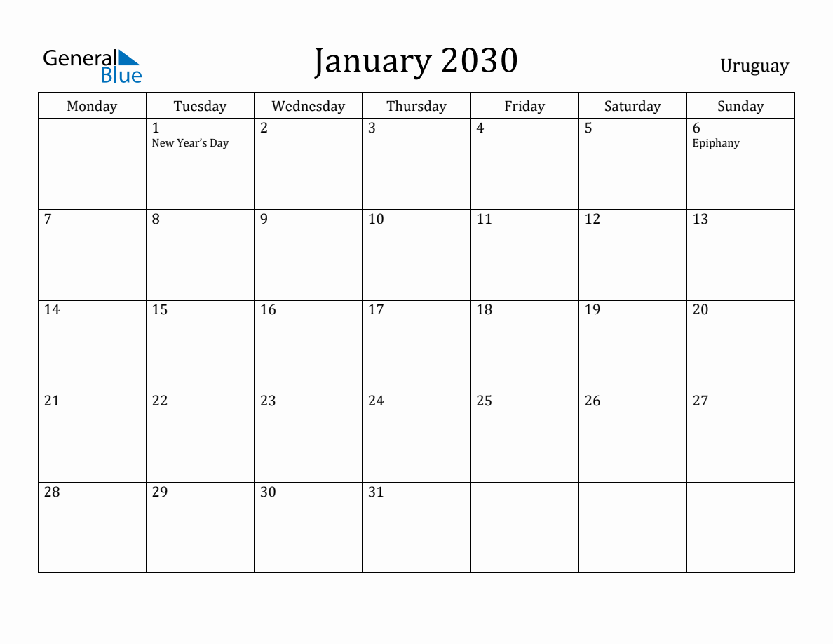 Uruguay Monthly Calendar - January 2030 (Monday Start)