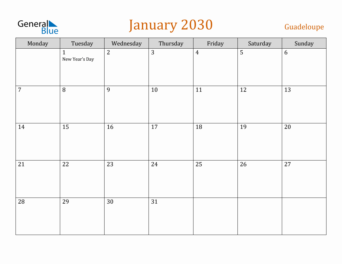 Free January 2030 Guadeloupe Calendar (Monday Start)