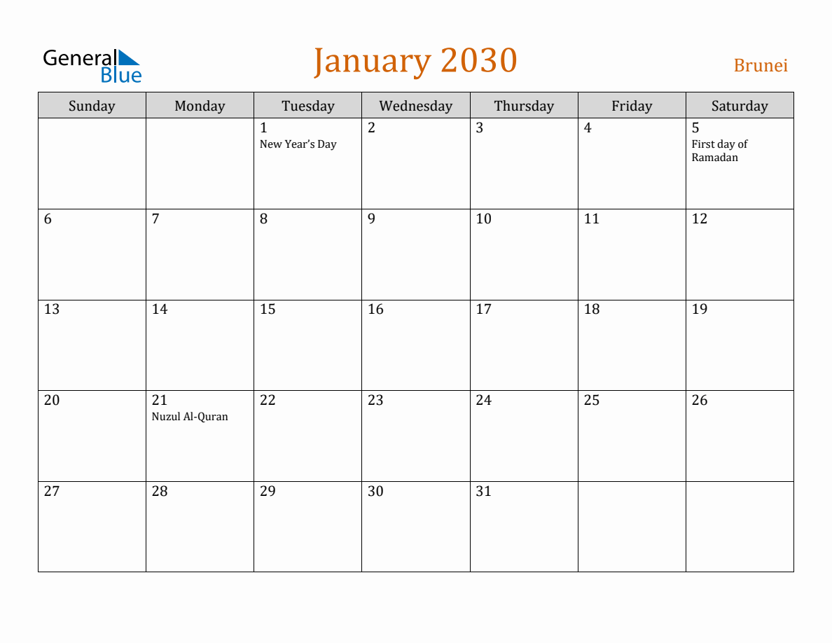 Free January 2030 Brunei Calendar