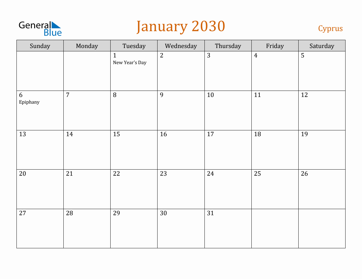 Free January 2030 Cyprus Calendar